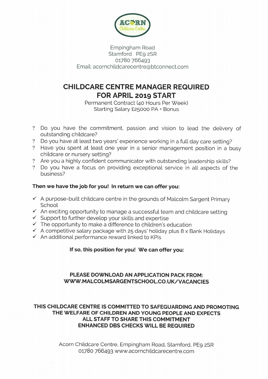 Malcolm Sargent Primary School - ACORN CHILDCARE CENTRE - MANAGER ADVERT