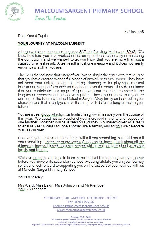 Malcolm Sargent Primary School - Year 6 Children SATs Letter